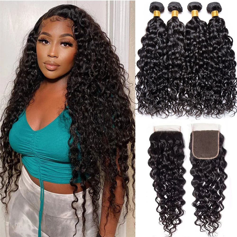 Water Wave Bundles With Closure Brazilian Remy Human Hair Wet And Wavy ...