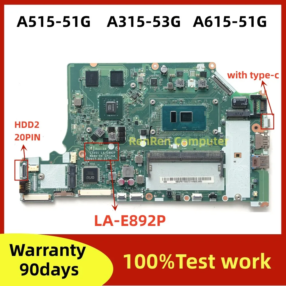 Placa base C5V01 LA E892P para portátil Acer Aspire, A315 53, A315 53G, A615 51G, A515 51, N17C4 ...