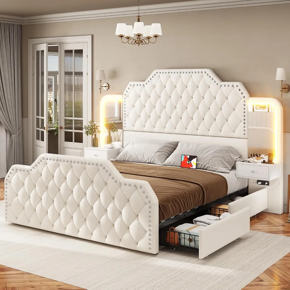 Queen-Bed-Frame-with-53-Tall-Headboard-and-4-Storage-Drawers-Built-in ...