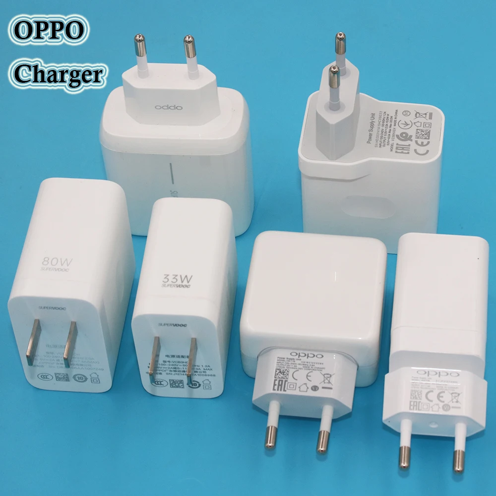 Cargador SUPERVOOC OPPO de 80W, 65W, 33W, adaptador de carga rápida UE/EE. UU., 30W, 20W ...