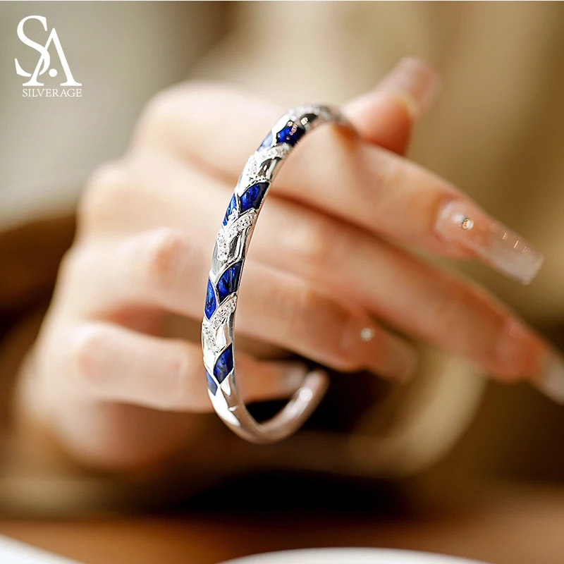 SA-SILVERAGE-925-Sterling-Silver-Blue-Sythentic-Cubic-Zirconia-Opening-Bangle-for-Women-Gift-for ...