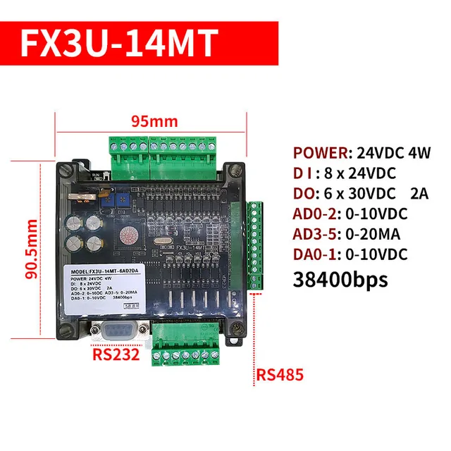 FX3U Programmable Logic Controller 6AD 2DA 14MR 14MT 24MR 24MT 30MR 32MT 48MR 48MT And RS232 ...