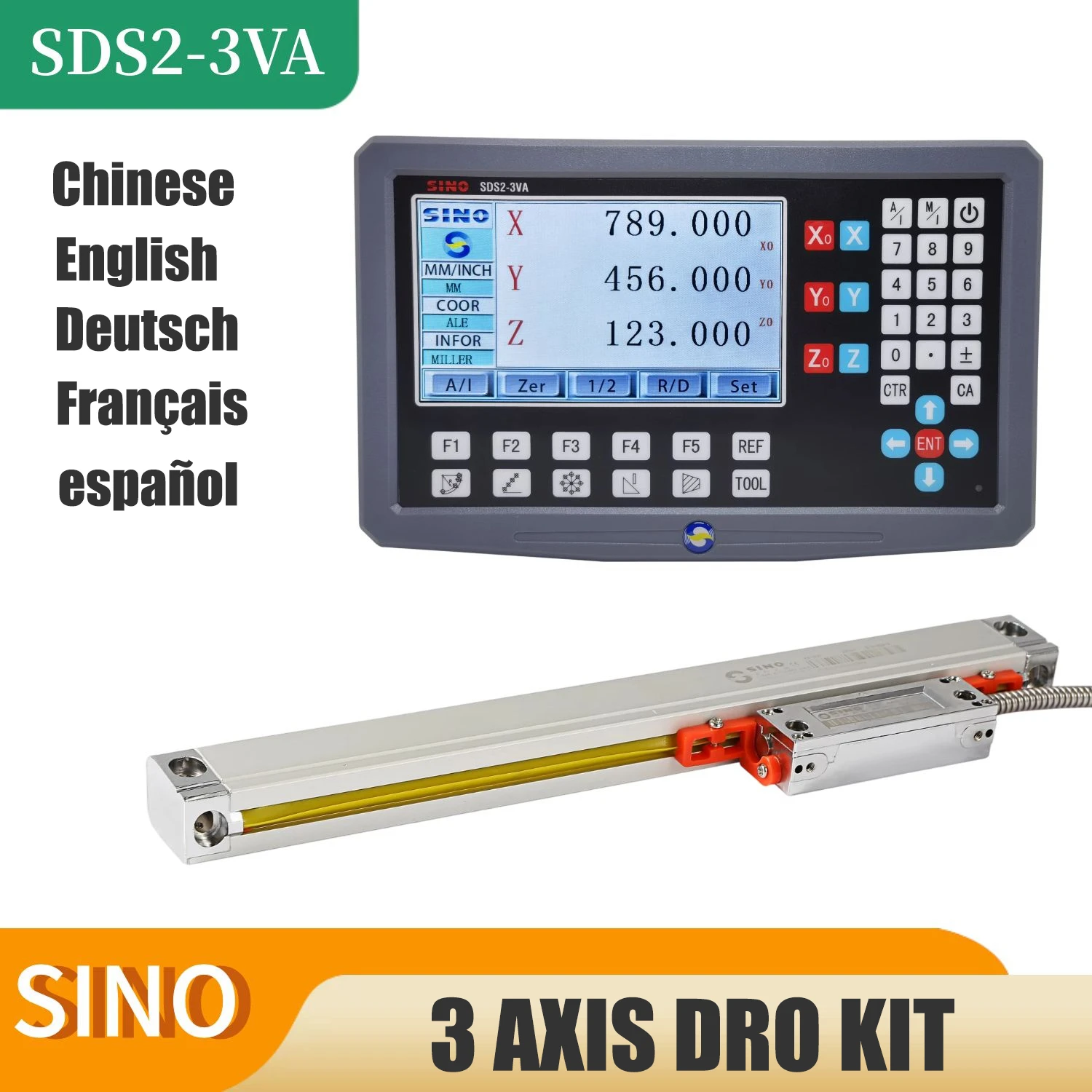 Sino Sds2-3va 3 Axis Lcd Digital Readout Dro Kit And 3 Pieces Ka-300 Glass Linear Scale Encoders ...