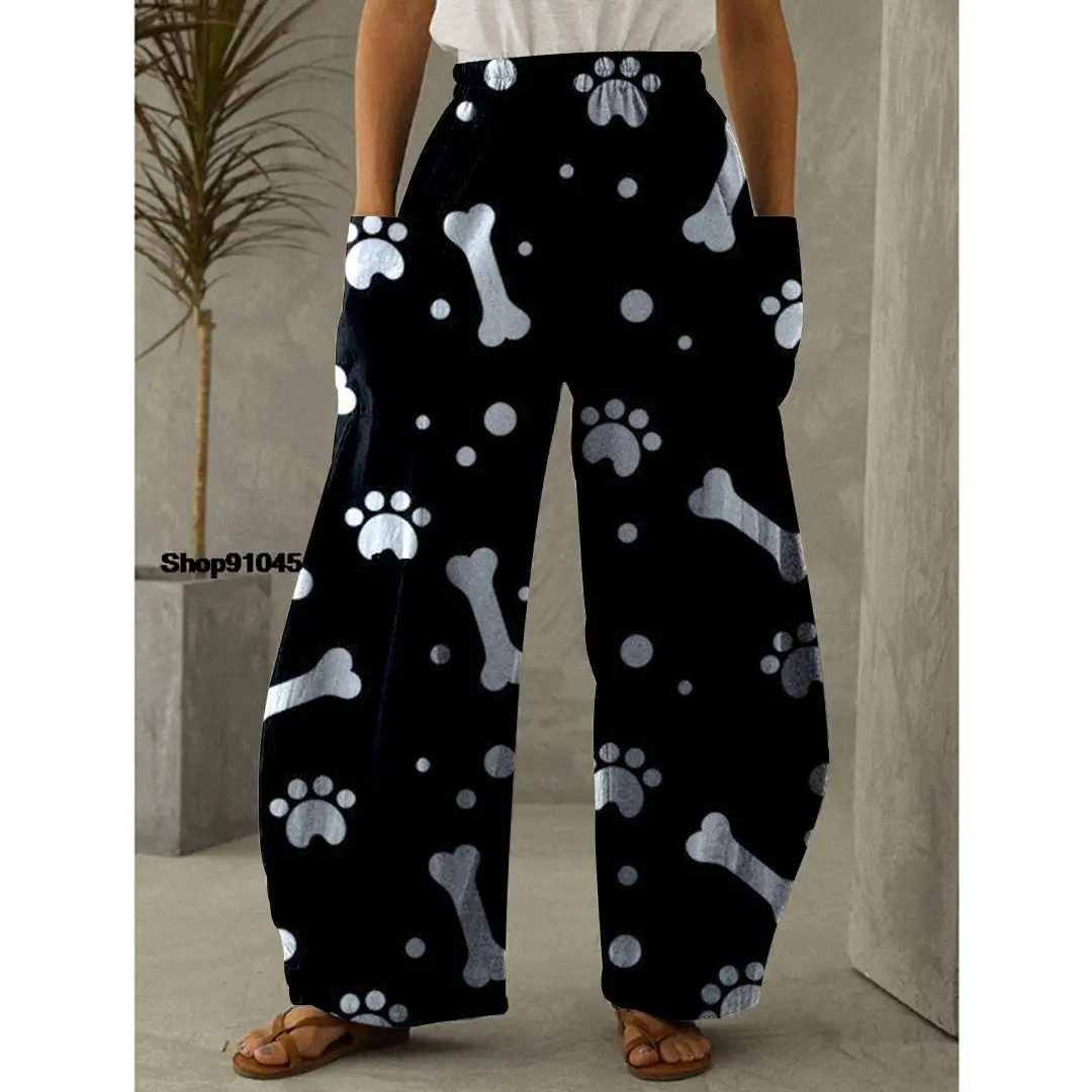 Women-Elastic-Waist-Retro-Lantern-Dog-Paw-Print-Pants-Oversized-Girls ...