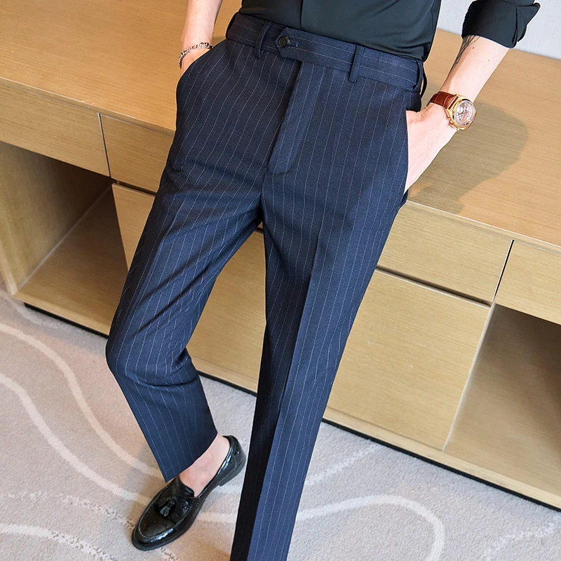 Men's Tailored Striped Dress Pants with Adjustable Waistband – Sleek ...