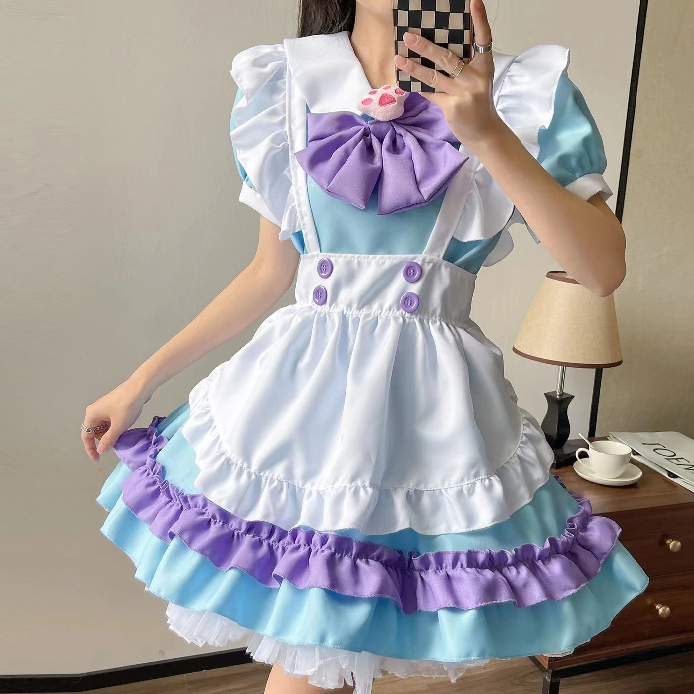Lolita Dress Cute Pink Ruffle Maid Outfit Kawaii Bow Knot Dress ...