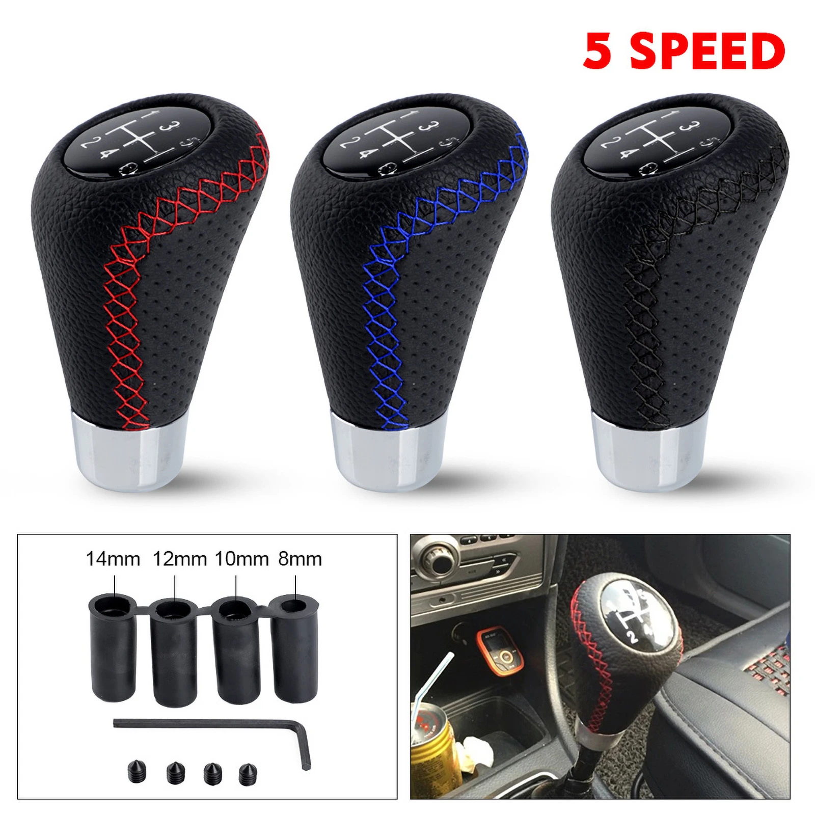 Universal Gear Shift Knob 5 Speed Manual Leather Red Stitch M8 M10 M11 ...