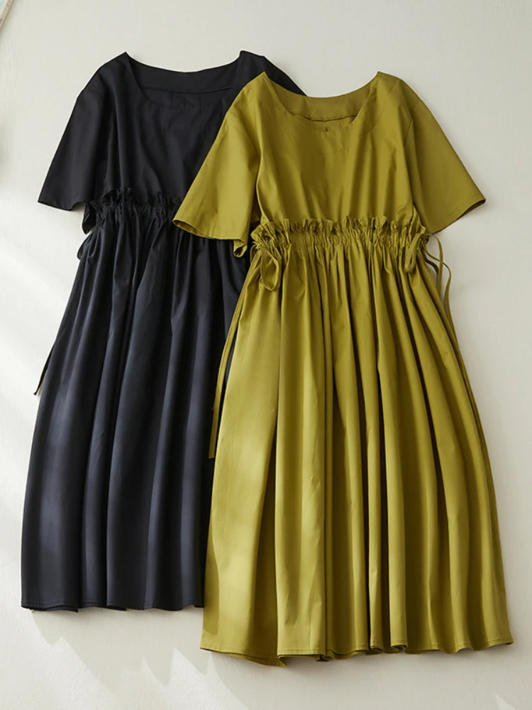 여성용 2022 문학적 레트로 드레스 얇은 반팔 A라인 스커트 라운드넥 캐주얼 기질 느슨한 레이스업 여름