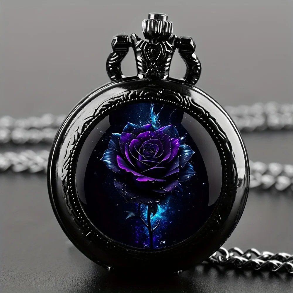 Purple Rose Quartz Movement Pocket Watch,Stylish Black Necklace Chain ...