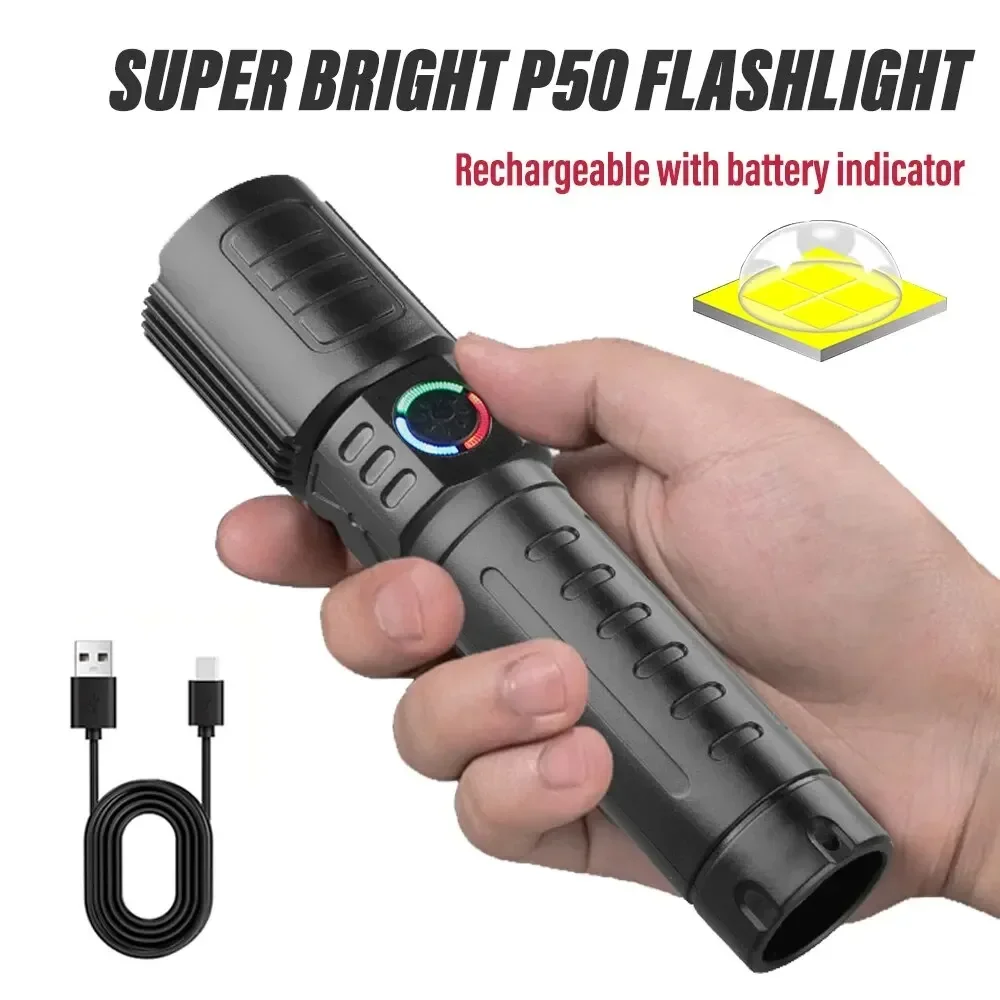 Super-Bright-LED-Flashlight-with-P50-Beads-Zoomable-Rechargeable-Torch-3-Lighting-Modes ...
