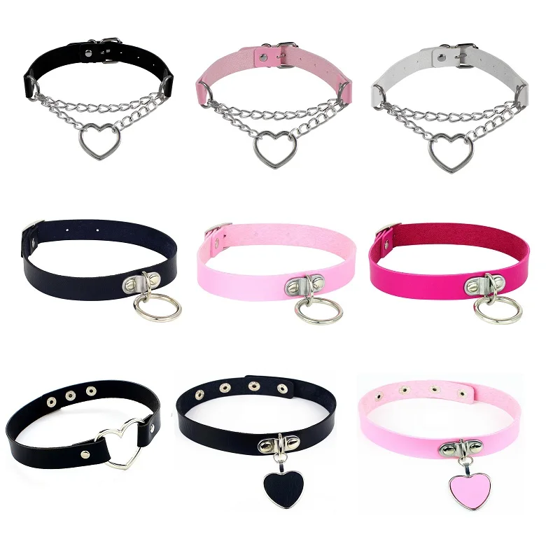 Collar-de-cuero-PU-con-correa-para-mujer-cadena-de-Metal-colgante-de ...