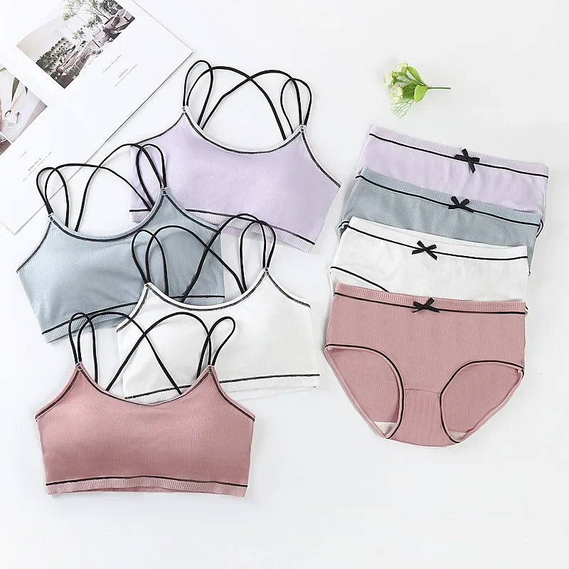 Girls Panty Sets Teenage Cotton Padded Training Bra+Panties Kids Sports ...