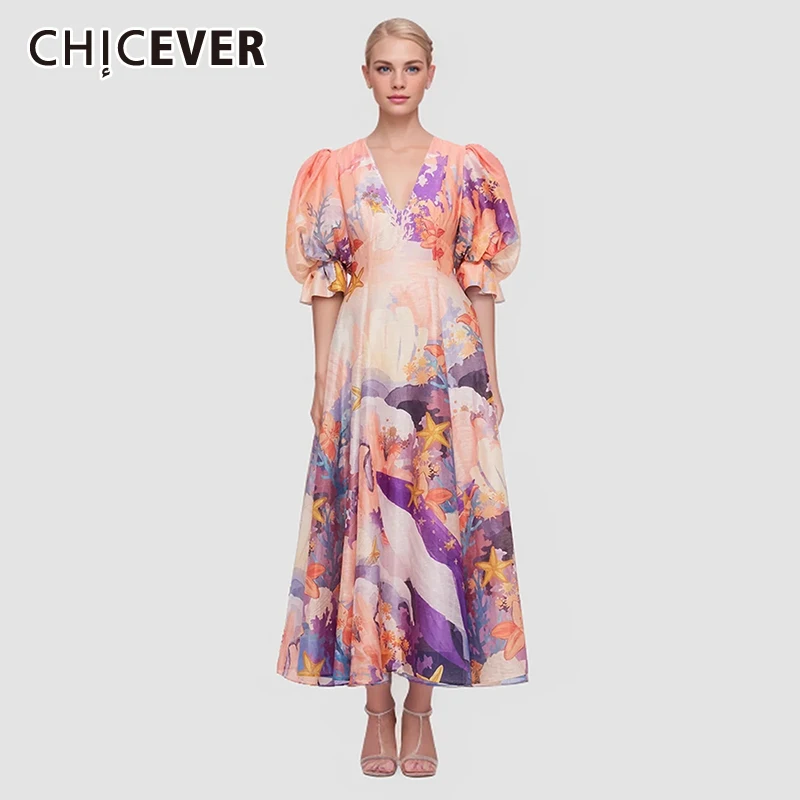 Chicever Print Casual Long Dresses For Women V Neck Puff Sleeve High