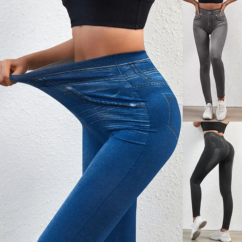 Stretch-Well-Fitness-Fake-Pockets-High-Waist-Leggings-Faux-Denim-Jeans ...