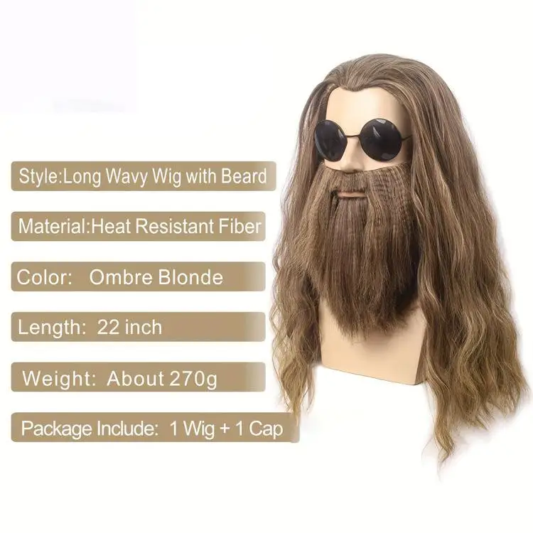 Wig With Beard Set Old Man Costume Grey Long Fluffy Synthetic Hair ...