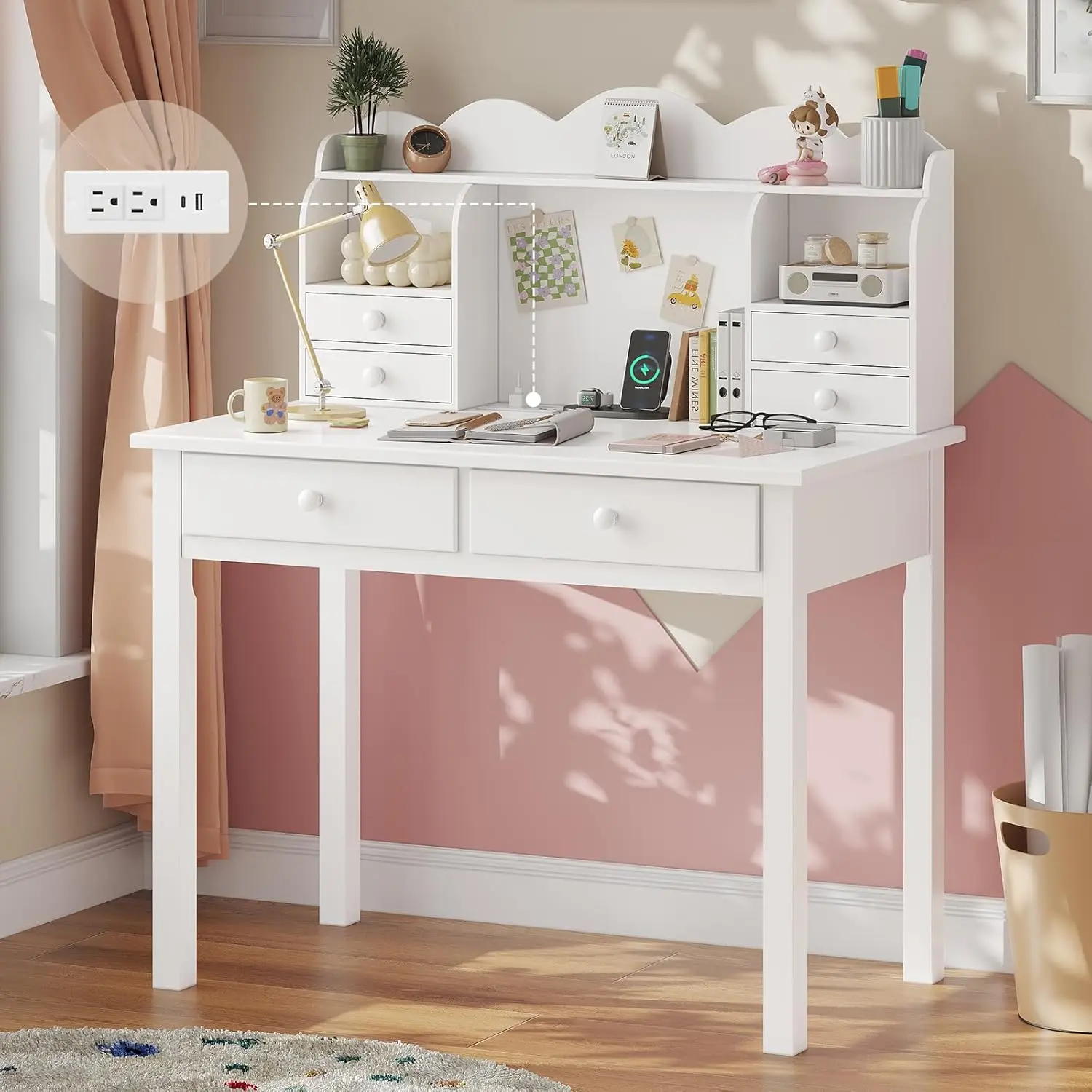 Small-White-Writing-Desk-with-Hutch-and-USB-Ports-31-5-inch-Home-Office ...