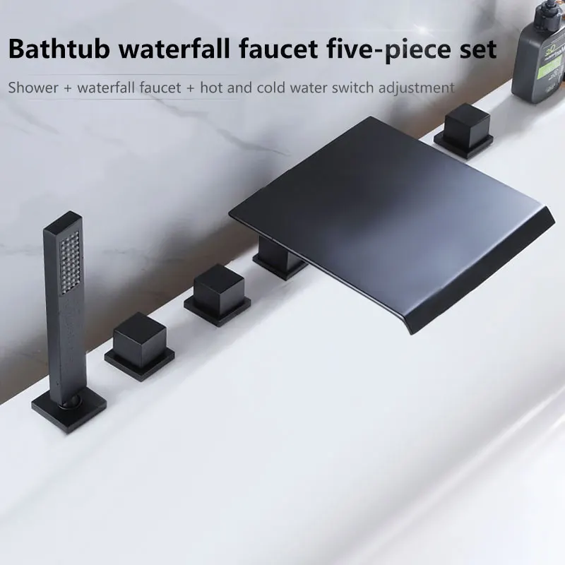 Square-copper-waterfall-bathtub-with-handle-shower-faucet-five-piece ...