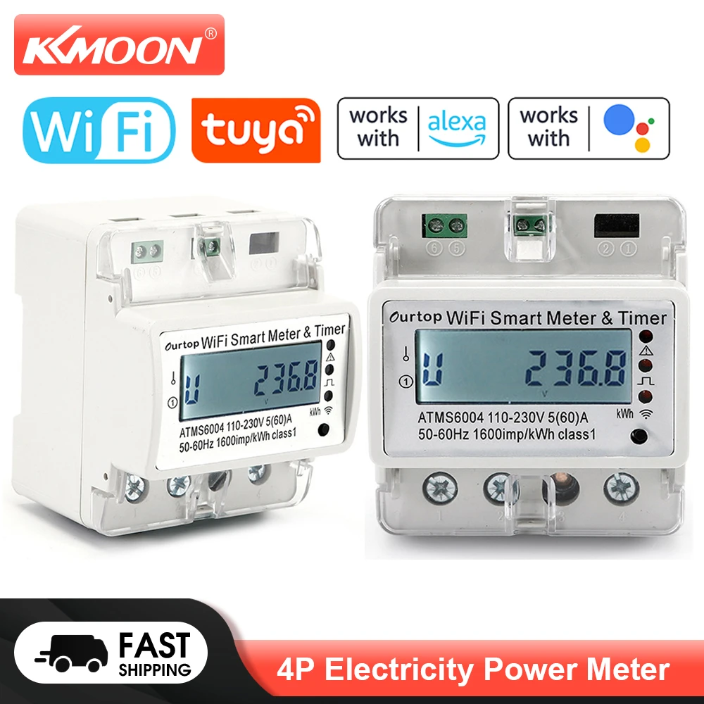 KKMOON Tuya WiFi 4P Electricity Power Meter DIN Rail Mounting Energy ...
