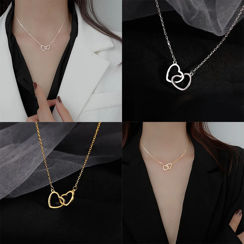Elegant-Double-Love-Peach-Heart-Choker-Punk-Necklace-Gold-Silver-Women ...