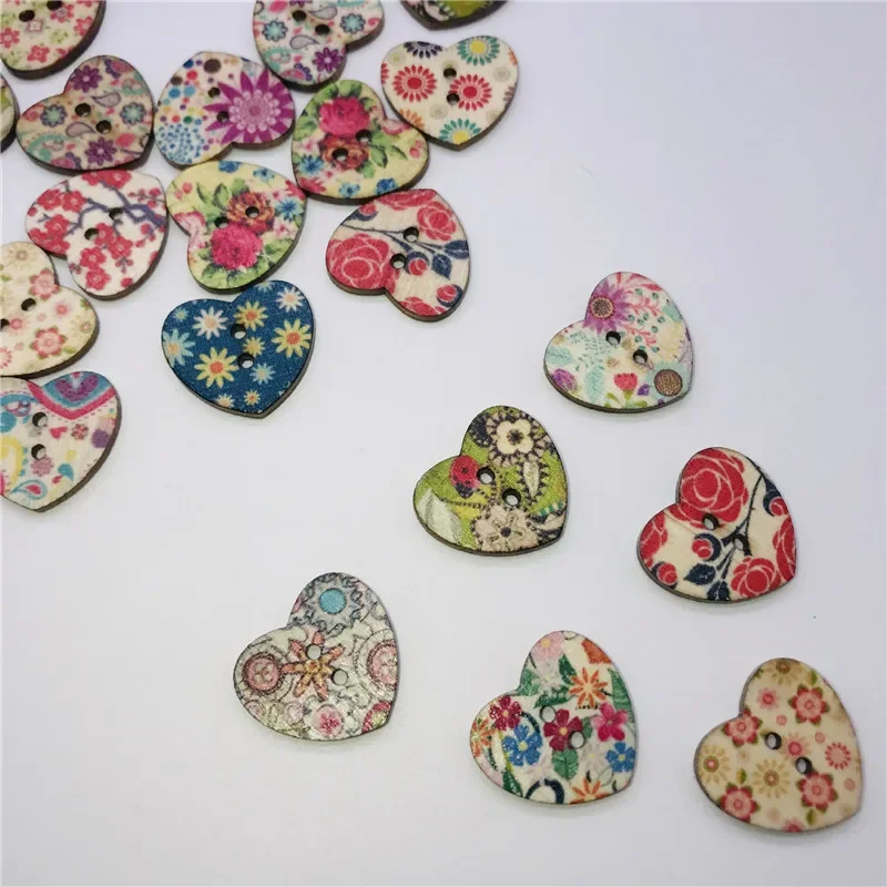 Pretty Painted Flower Pattern Heart Shaped Wooden Buttons Creative ...