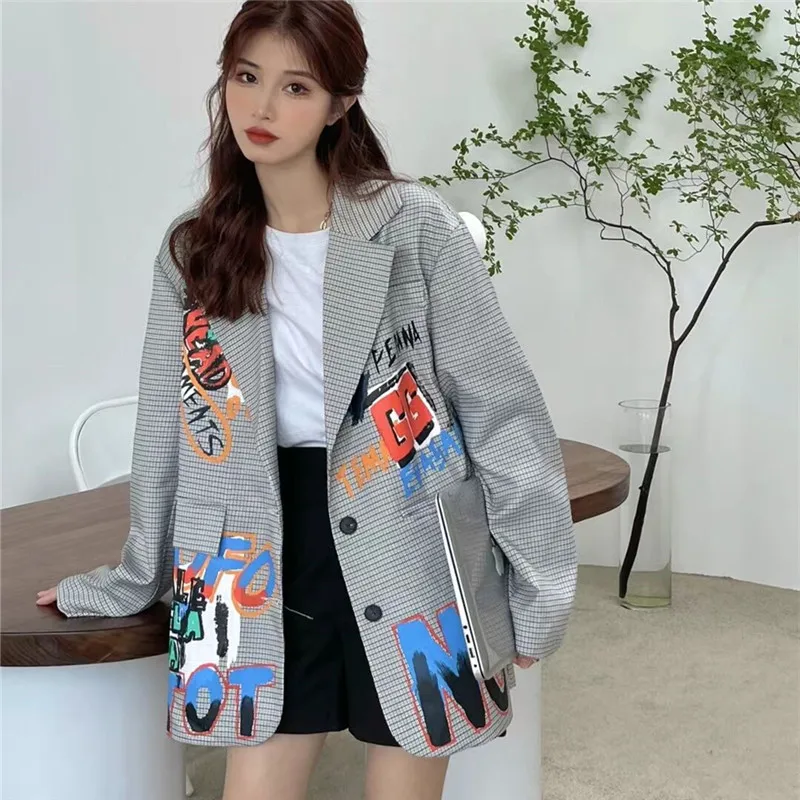 Plaid-Graffiti-Letters-Blazer-Women-Casual-Mid-Length-Suit-Jacket-Coat ...