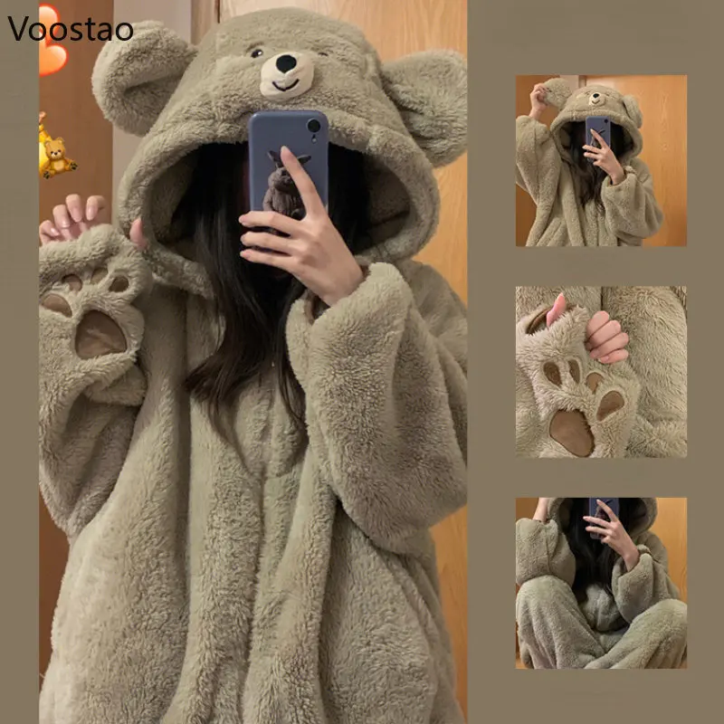 Autumn-Winter-Sweet-Bear-Ear-Hooded-Pajama-Sets-Women-Coral-Fleece-Warm ...
