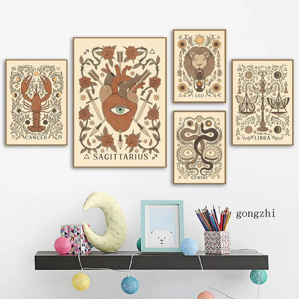 Boho Zodiac Wall Art Poster Vintage Astrology Scorpio Virgo Aquarius ...