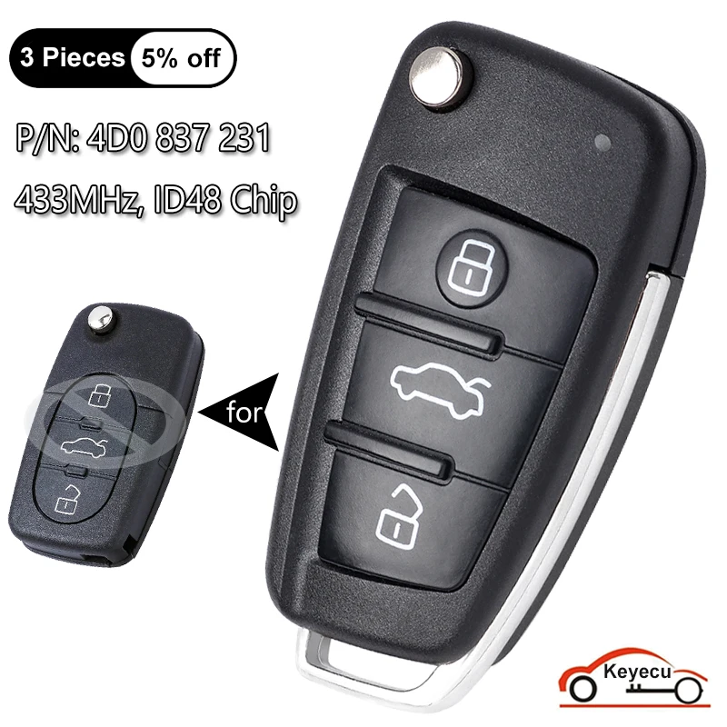 KEYECU 3 Buttons 433.92MHz ID48 Chip for Audi A2 A3 A4 A6 Quattro RS ...