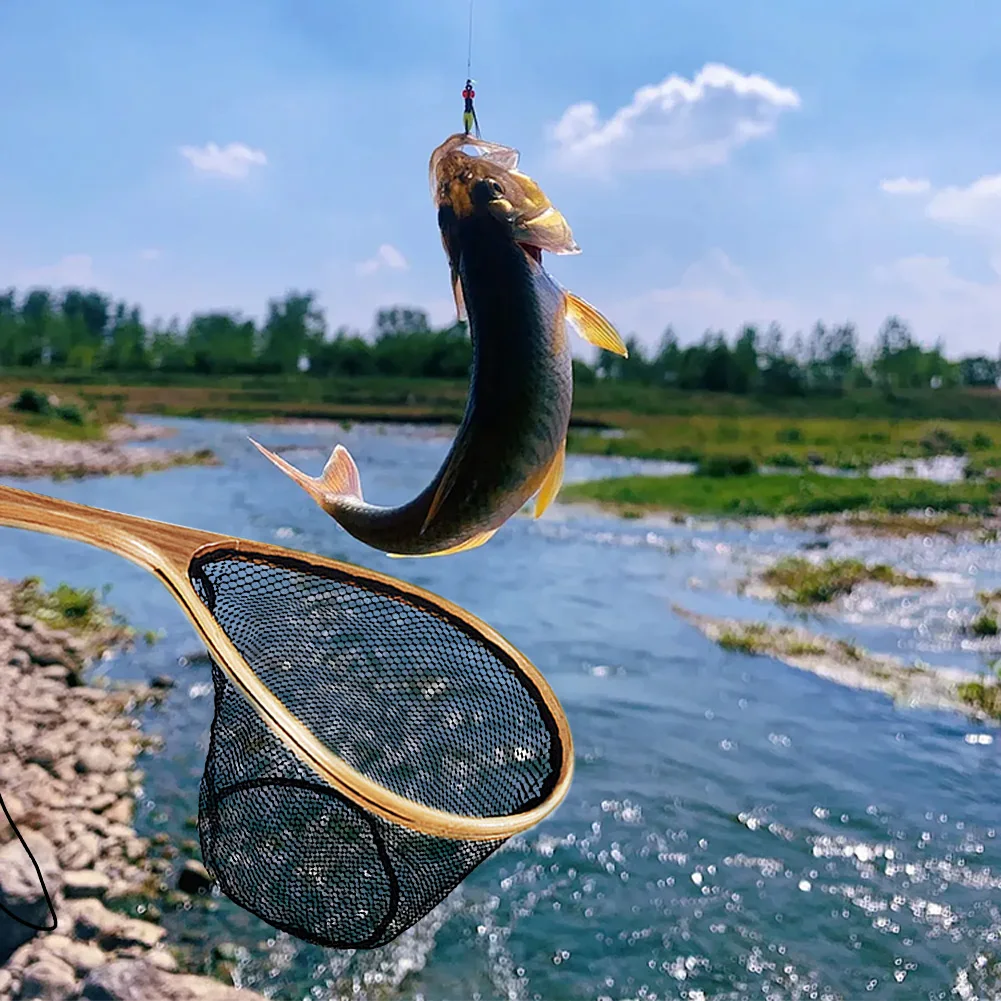 Wooden-Handle-Fly-Fishing-Landing-Net-Soft-Rubber-Mesh-Catch-and ...