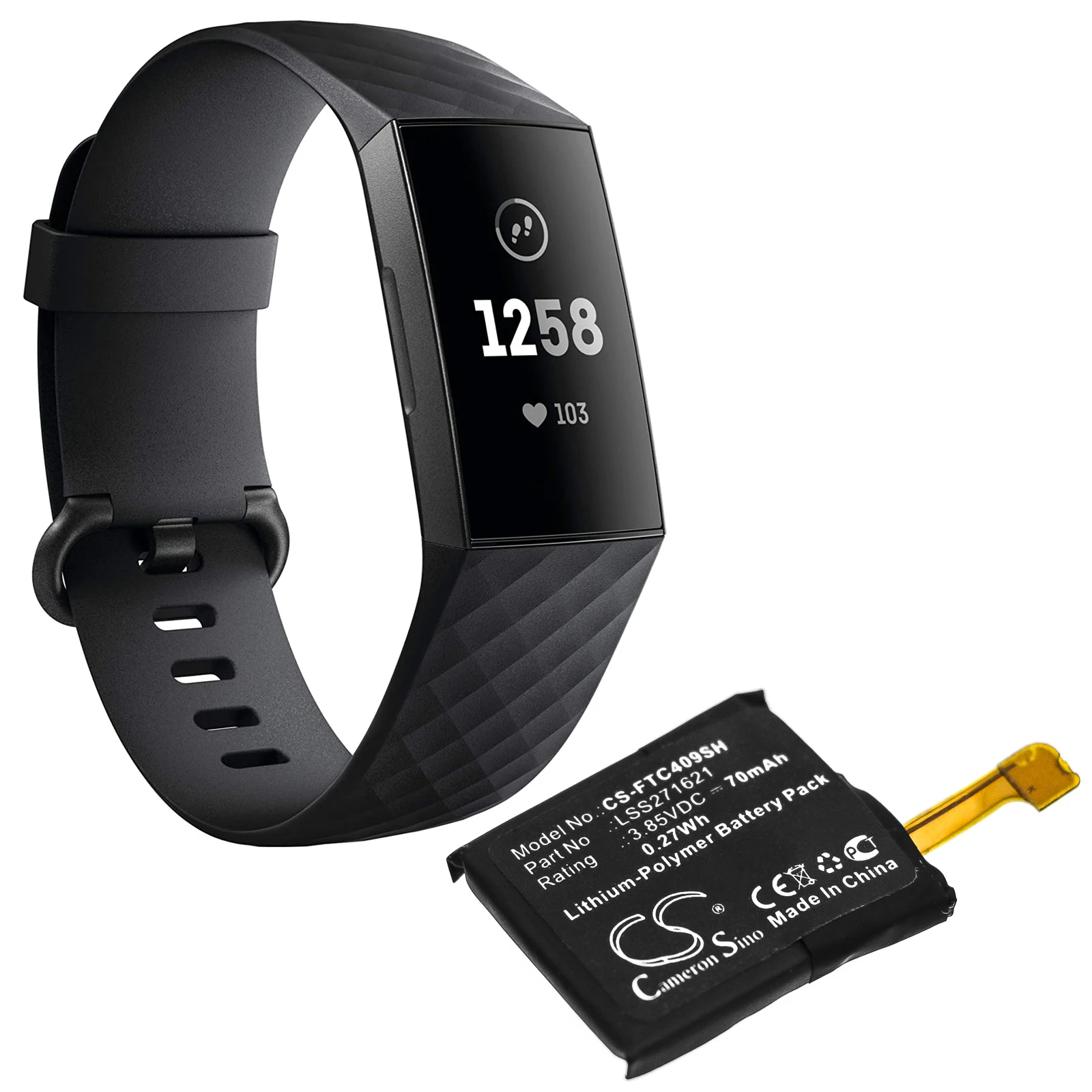CameronSino Battery for Fitbit Charge 3 FB409 70mAh / 0.27Wh LSS271621 ...