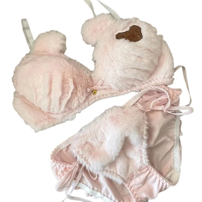 Womens-2pcs-Bra-Panty-Set-Cute-Bear-Fluffy-Faux-Fur-Underwire-Underwear ...