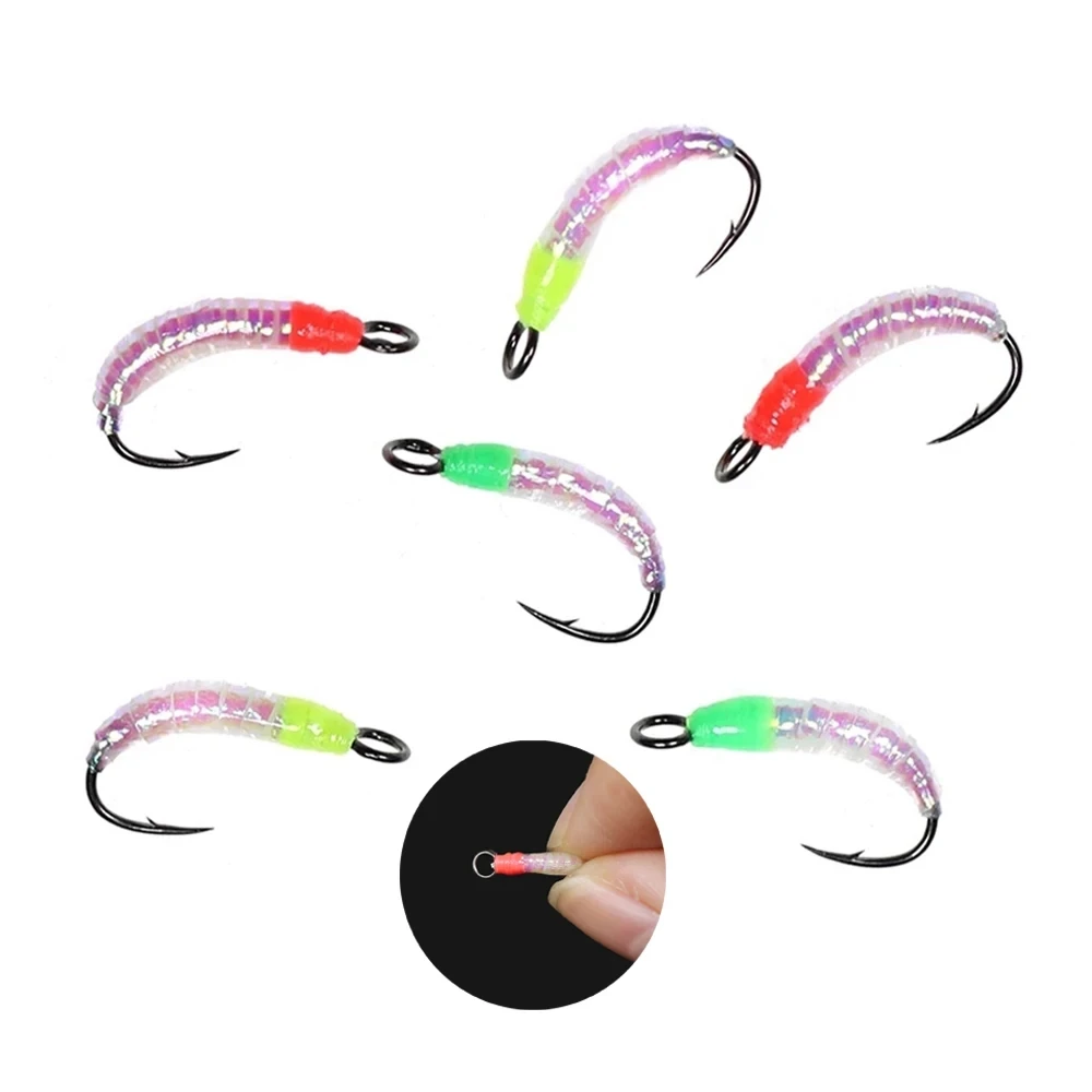 6PCS Size #8~ #18 Flash Gliss Body Nymph Fly Larvae Trout Perch Fishing ...