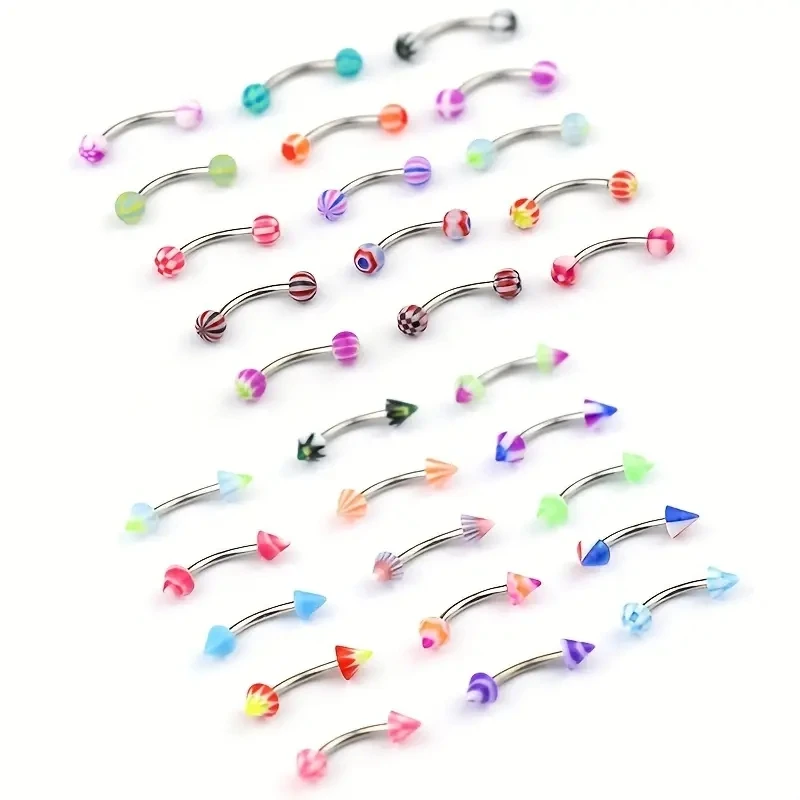 15/30pcs Acrylic Plastic Eyebrow Ring Stud Earrings Colorful Curved ...