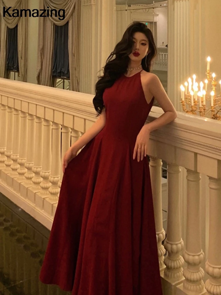 French Romantic Burgundy Evening Prom Dress Women Elegant Sleeveless A ...