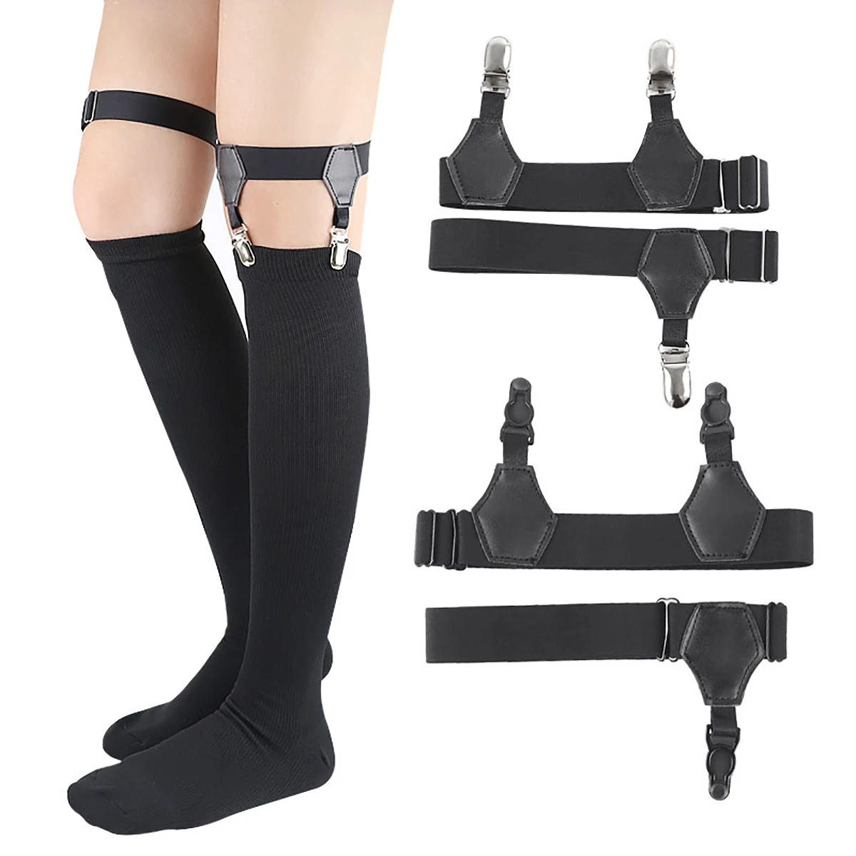 Black Adjustable Garters Suspenders Elastic Belt Hold Up Non slip Clip ...