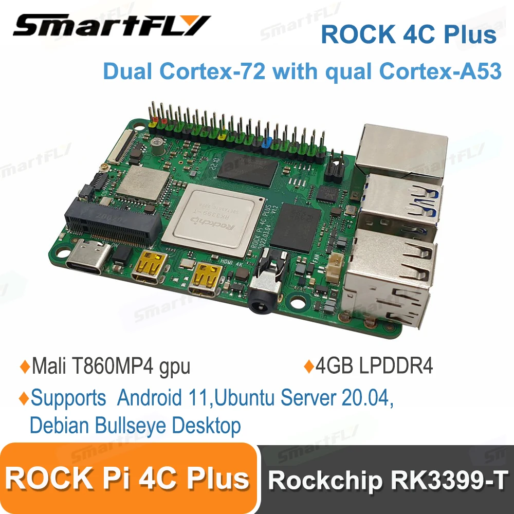 Smartfly rock pi 4c plus 4gb sbc rockchip rk3399 t placa única suporte ao computador android 11 ...