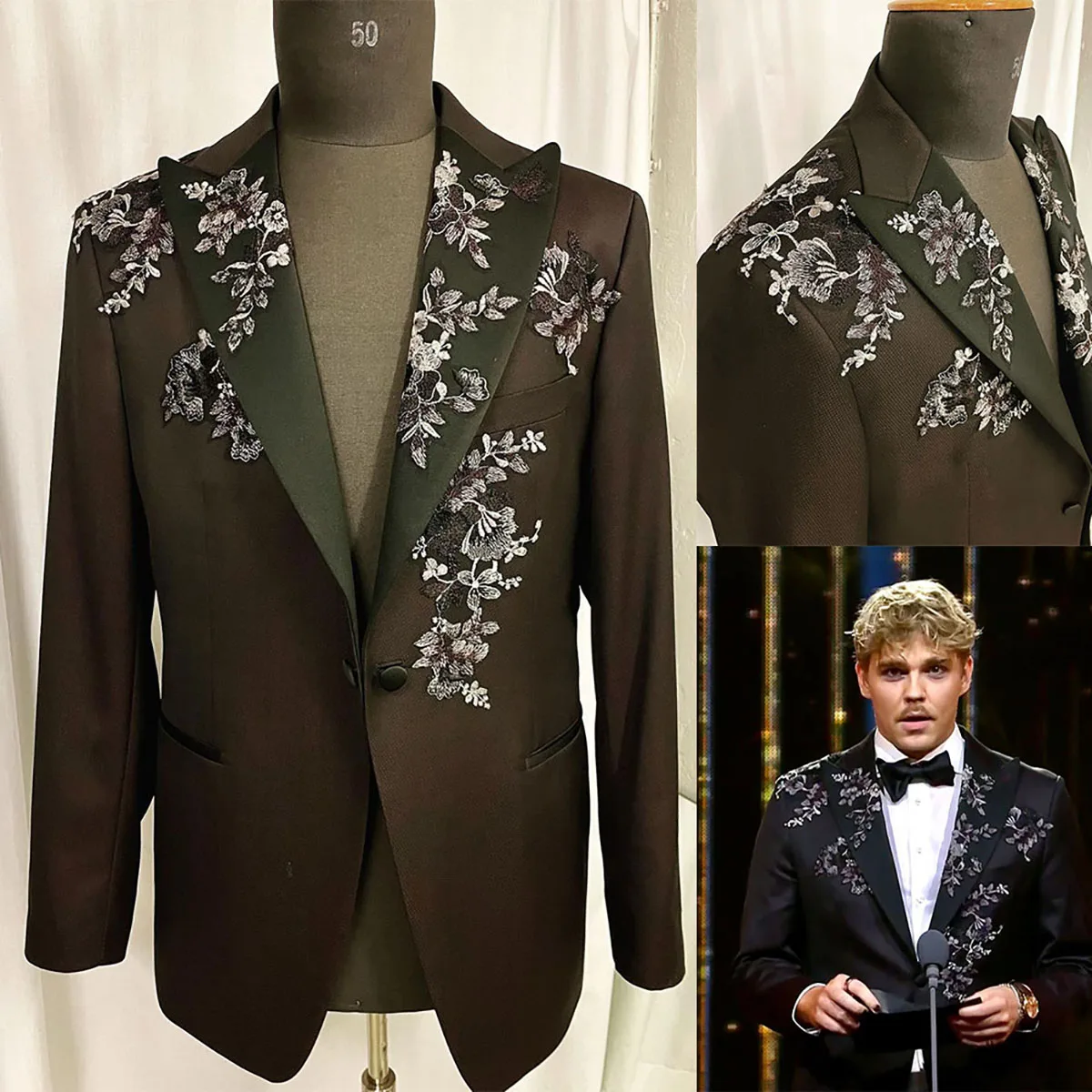 Black Appliques Flower Men Suit Tailor-made 2 Pieces Blazer Pants One Button Fit Slim Formal ...
