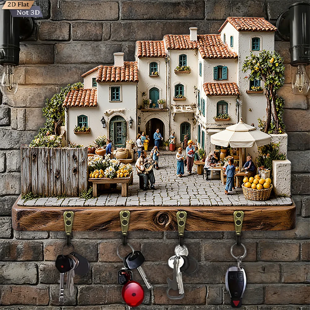 2D Flat, 1pc, Mediterranean-style Village Key Hook, Wooden ...
