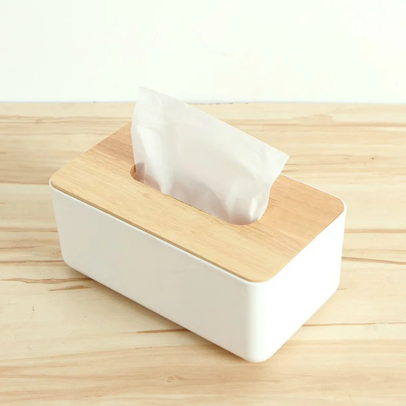 Plastic-Tissue-Box-Wooden-Lid-Square-Napkin-Holder-Container-Wet-Tissue ...