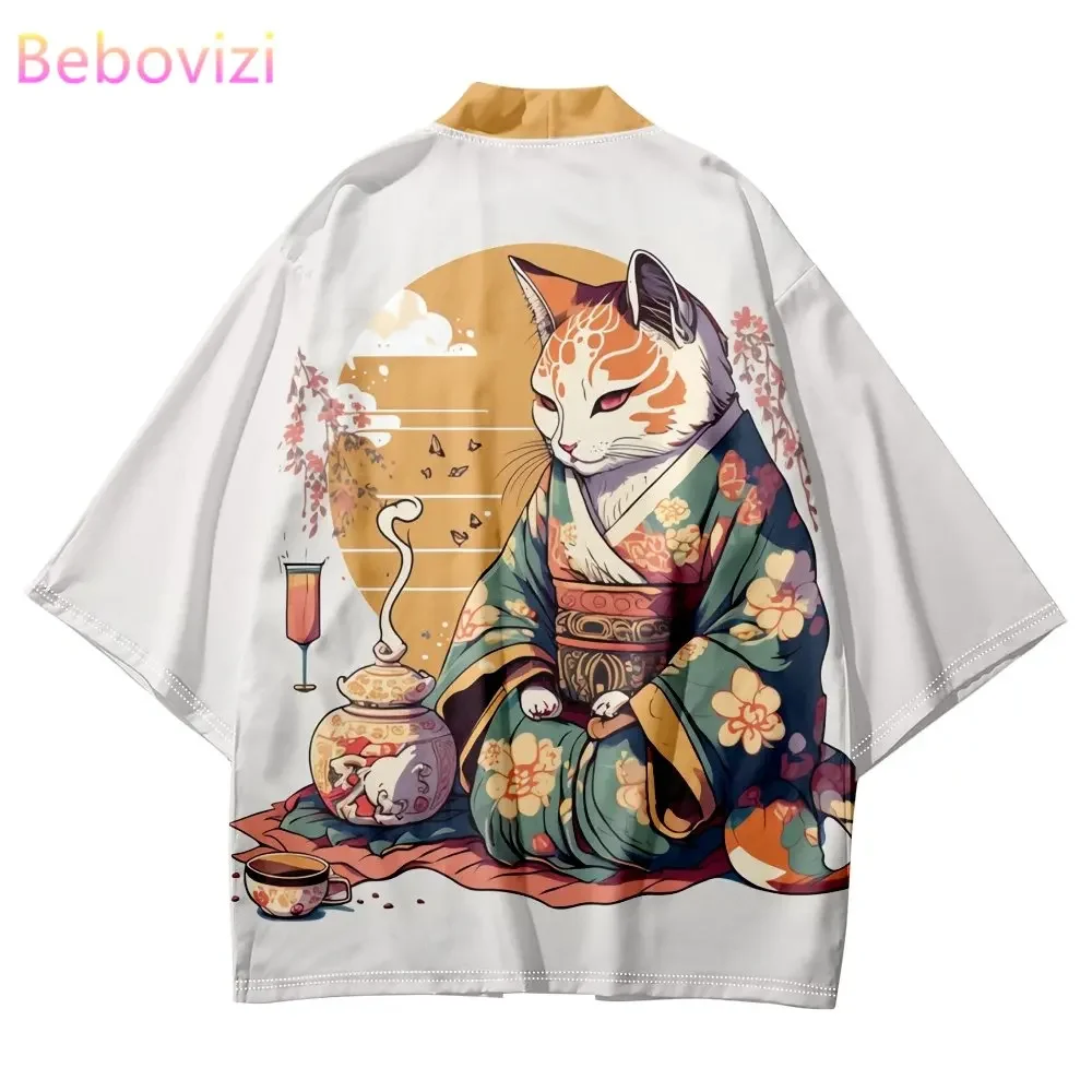 Japanese Anime Cat Print Kimono Streetwear Vintage Men Women Cardigan ...