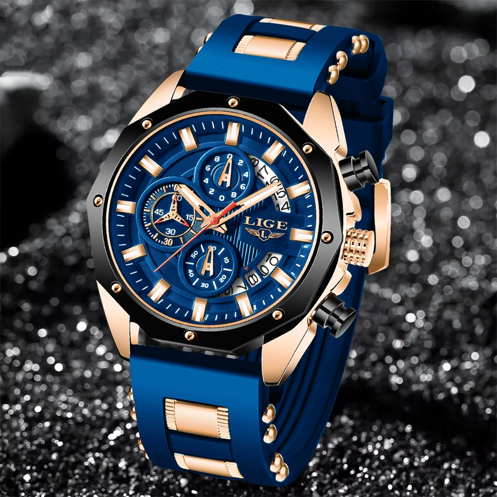 LIGE-Blue-Silicone-Watch-For-Men-Fashion-Military-Sport-Chronograph ...
