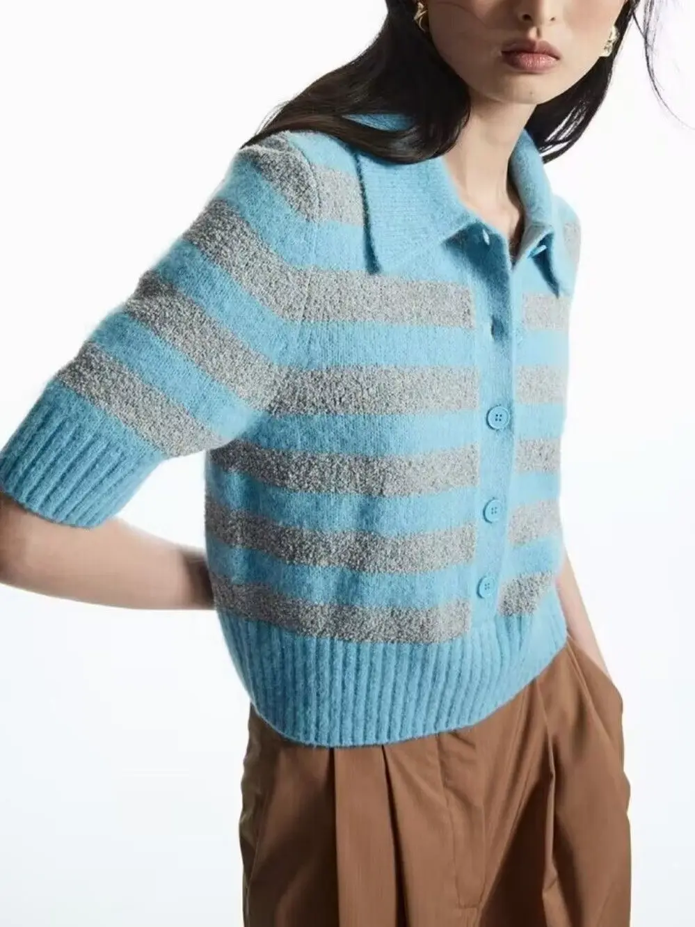 Women Turn Down Collar Stripe Sweater 2023 Early Spring New Ladies ...