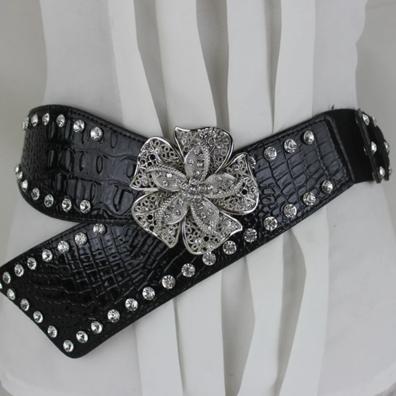 Fashion Flower Alloy Buckle Strap Rhinestone Belt Wome Crystal Studded ...