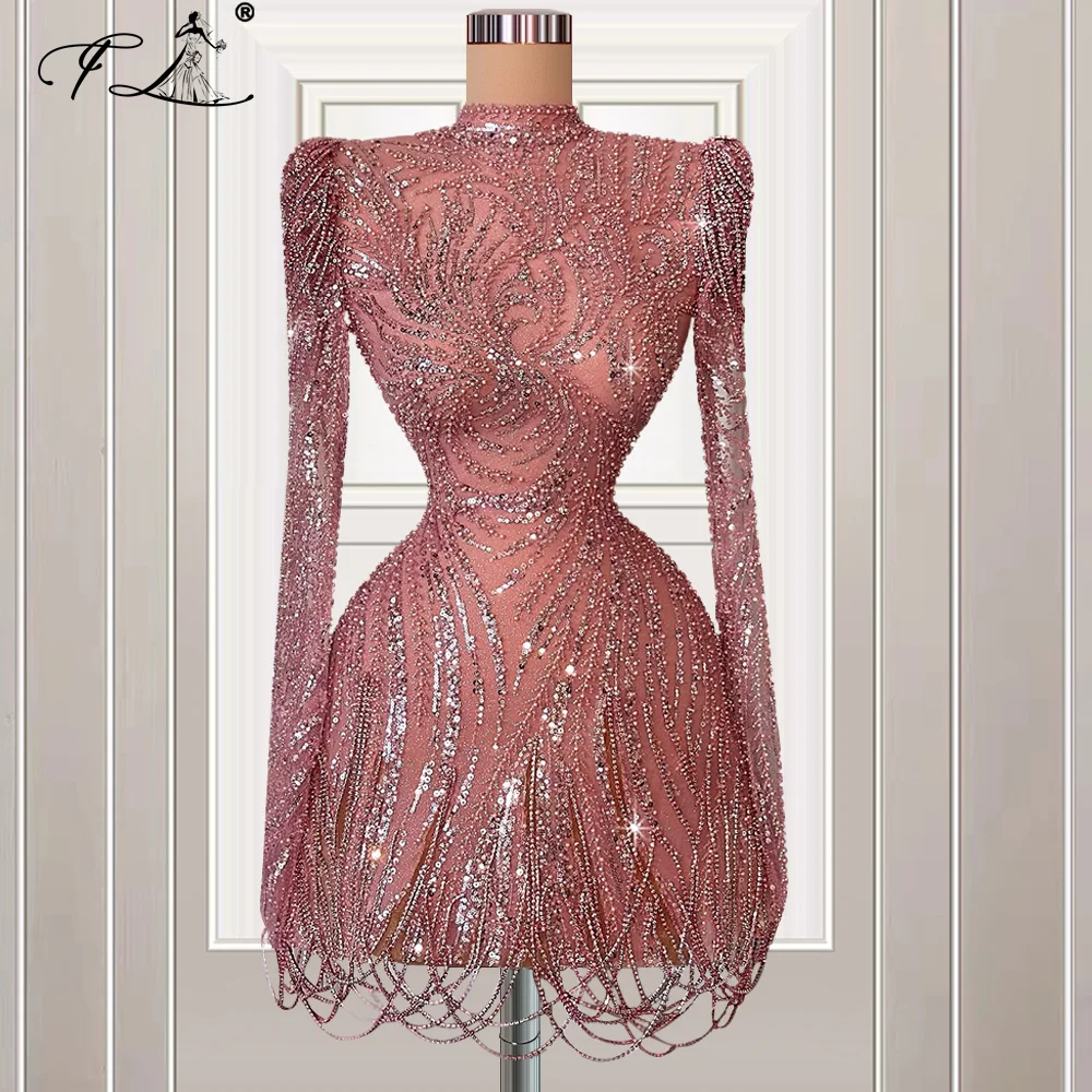 Sexy Pink Cocktail Dresses Women with Long Sleeves Party Dress Sparkly ...