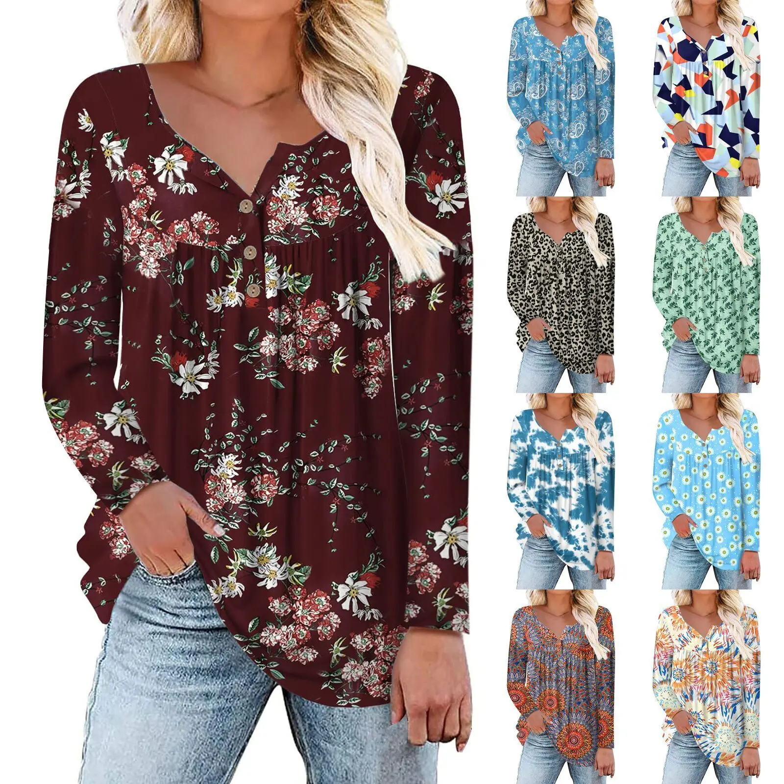 9 Styles Womens Tops Fall Shirts V Neck Blouses Buttons Up Tee Flowy ...