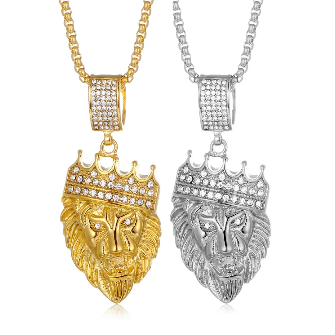 Punk Iced Out Bling CZ Lion Head Pendant Stainless Steel Cubic Zirconia ...