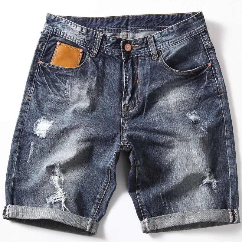 Shorts-jeans-rasgados-de-algod-o-fino-ajuste-el-stico-azul-masculino ...