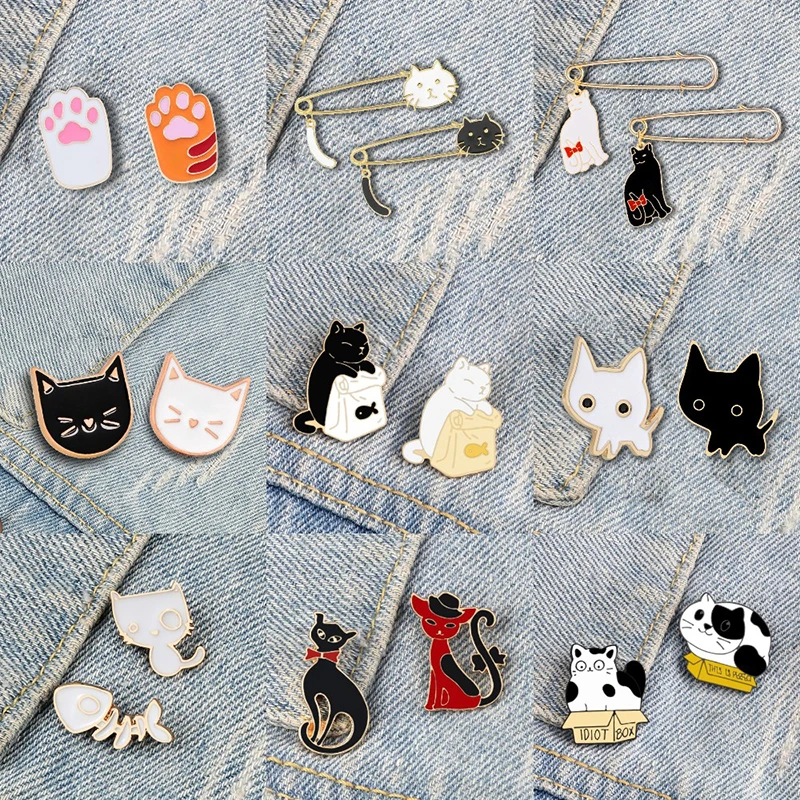 2PCS/Set Couple Friend Cats Brooch Set Cute Black And White Kitten ...