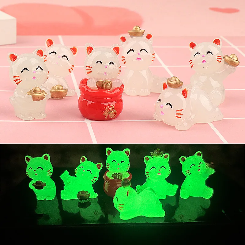 6PCS Creative Glowing Fortune Lucky Cat Micro Landscape DIY Decoration ...