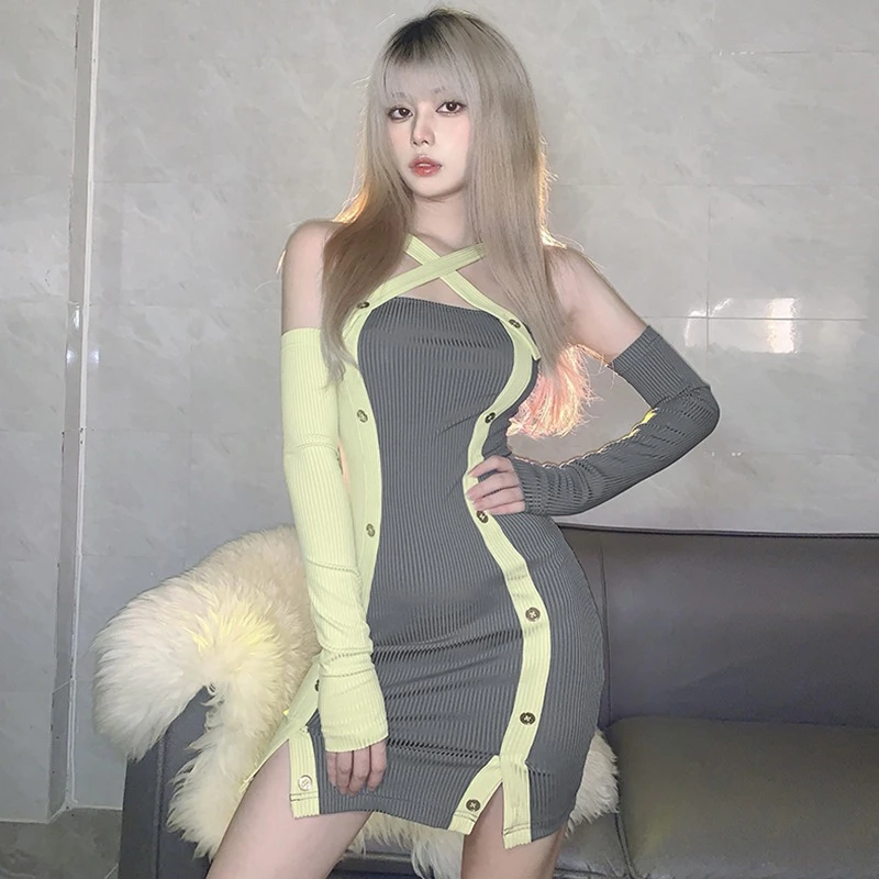 Spring Side Split Mini Dress For Women Slim Fit Long Sleeve Color Block ...